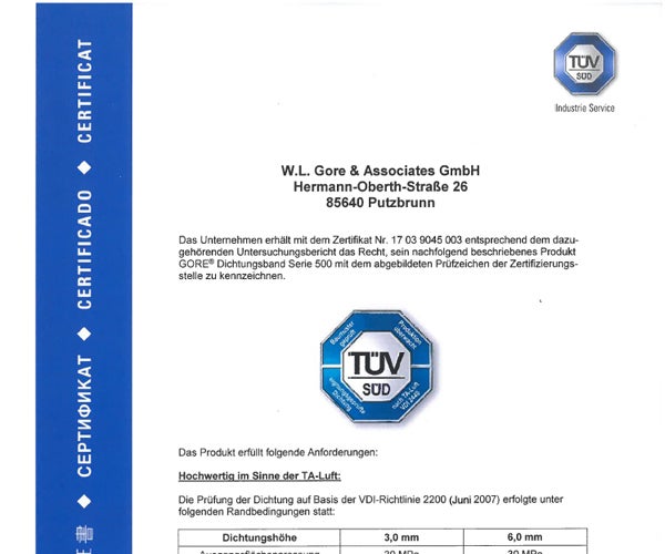 TA-Luft Prüfung gemäß VDI 2200 für GORE®Dichtungsband Serie 500 | Gore