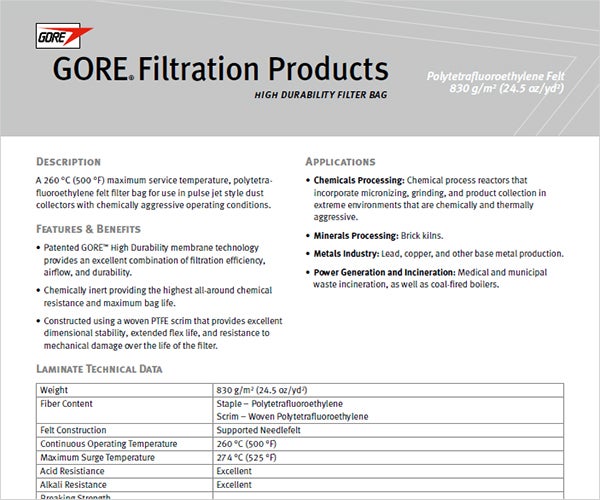 Data Sheet: PTFE Felt Filter Bag 830 g/m2 (24.5 oz/yd2) | Gore